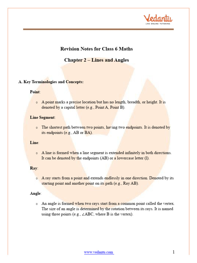 CBSE Maths Chapter 2 Lines and Angles Class 6 Notes FREE PDF | PDF ...