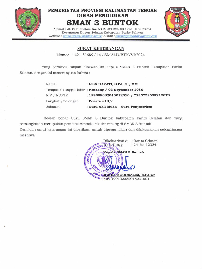 Surat Pembina Ekskul Renang - Lisa Hayati | PDF