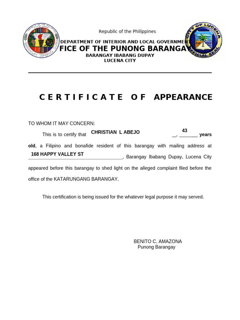 Certificate of Appearance in Barangay | PDF
