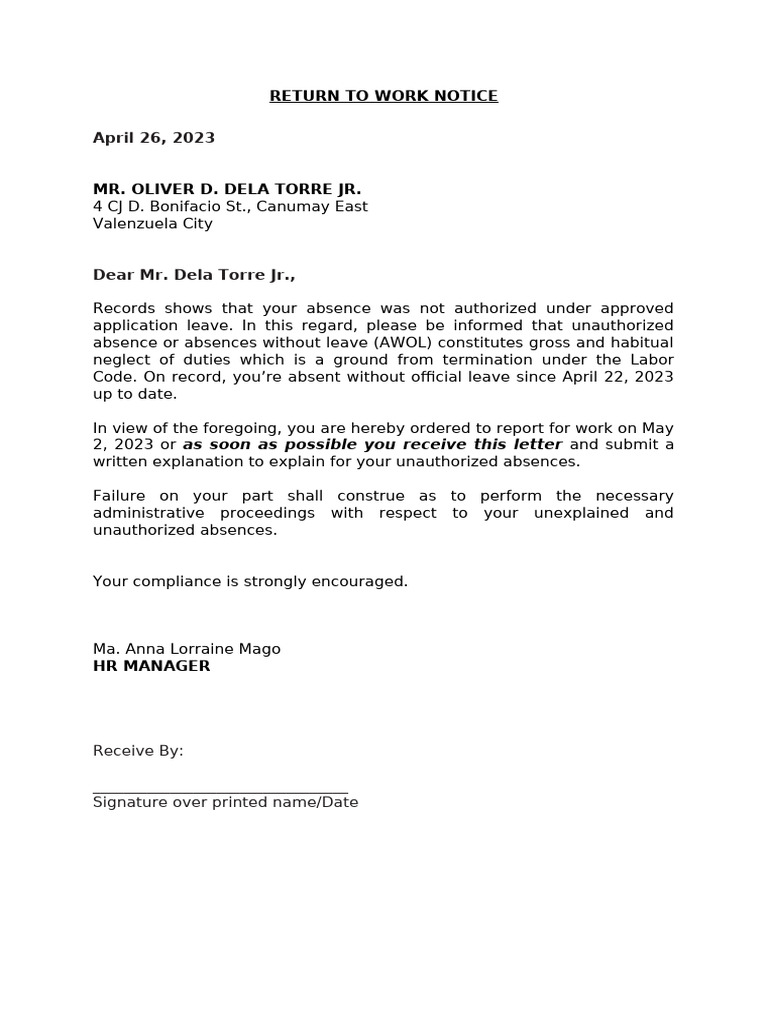 Return To Work Notice Template - English | PDF