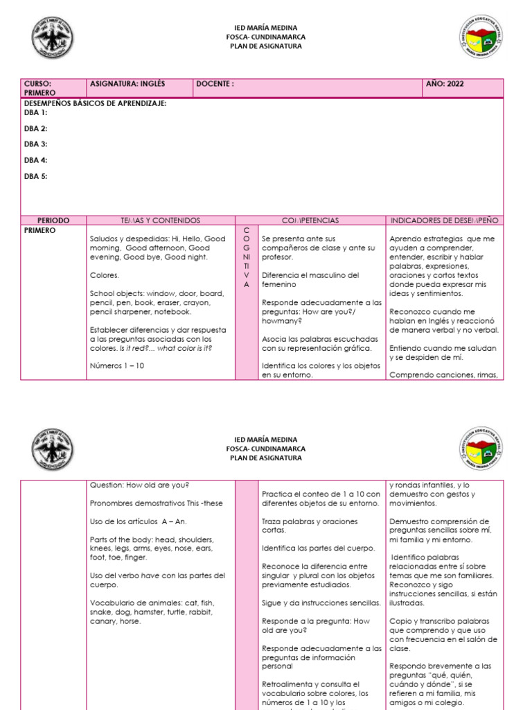 Inglés Plan Asignatura Grado Primero Primaria 2022 | PDF | Lingüística