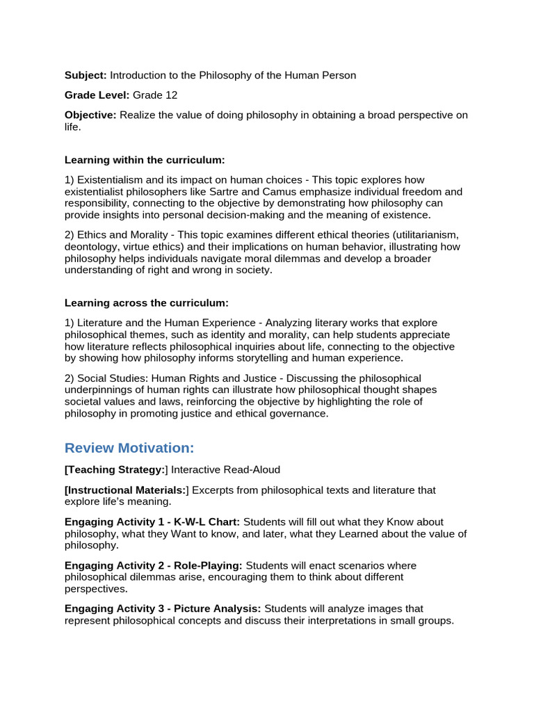 Lesson - Plan - Introduction To The Philosophy of The Human Person ...