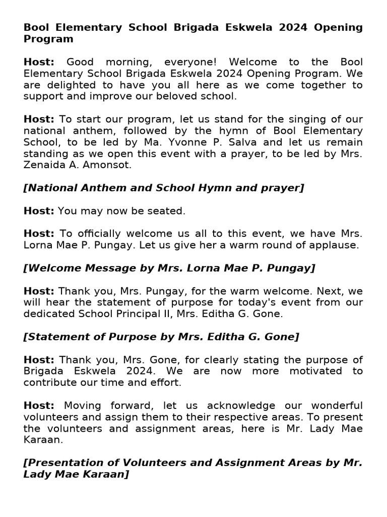 Bool Elementary School Brigada Eskwela 2024 Opening Program | PDF