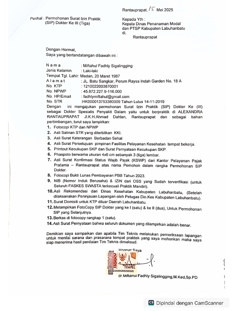 Surat Permohonan SIP Ke 3 DR - Fadhly | PDF