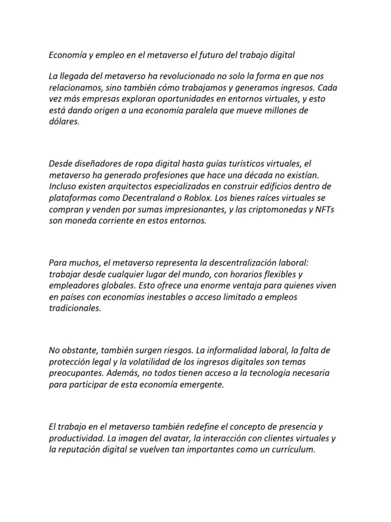 Economía y Empleo en El Metaverso El Futuro Del Trabajo Digital | PDF