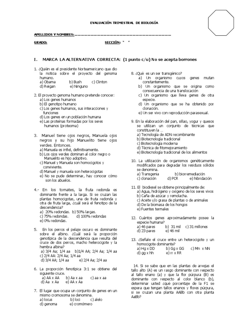 Evaluación Trimestral de Biología | PDF | Dominancia (Genética) | Genética