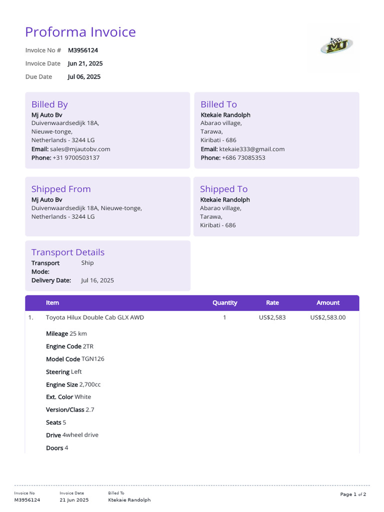 Ktekaie Randolph Proforma Invoice #M3956124 | PDF | Vehicle Technology ...