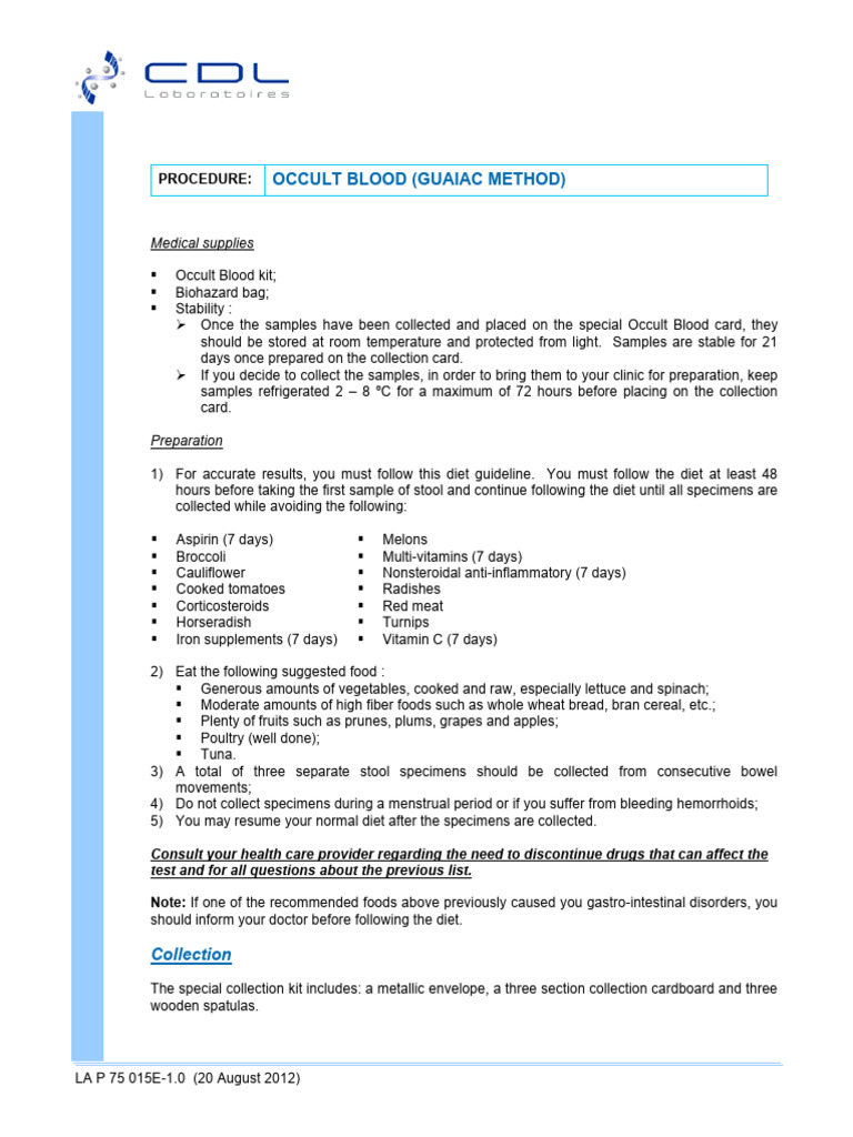 Occult Blood (Guaiac Method) | PDF