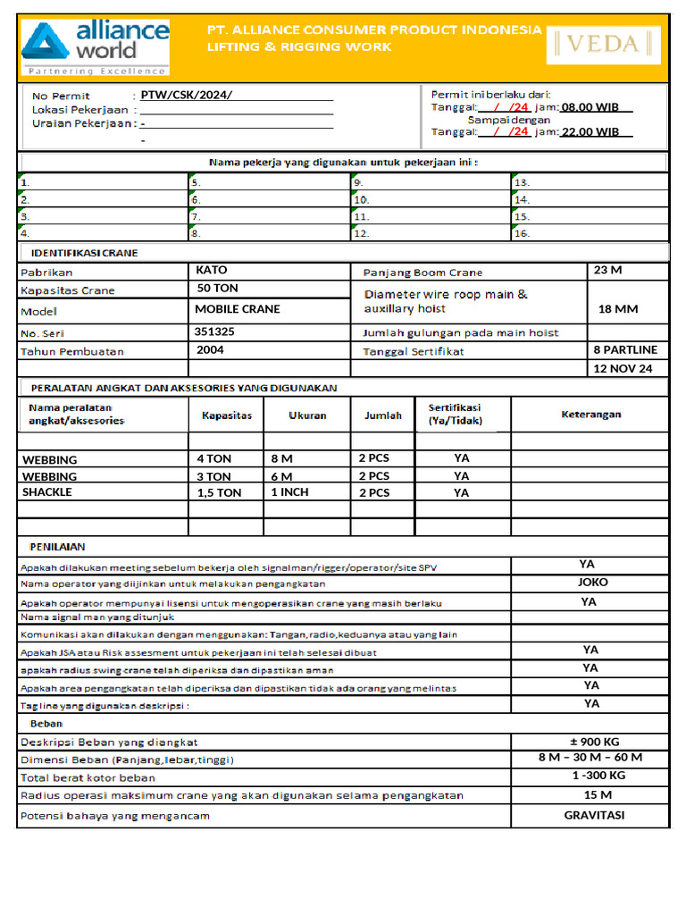 Lifting Rigging Permit (MC 50 T KATO) | PDF