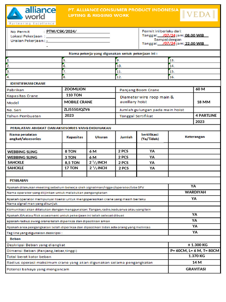 Lifting Rigging Permit (MC 110 T ZOOMLION) | PDF