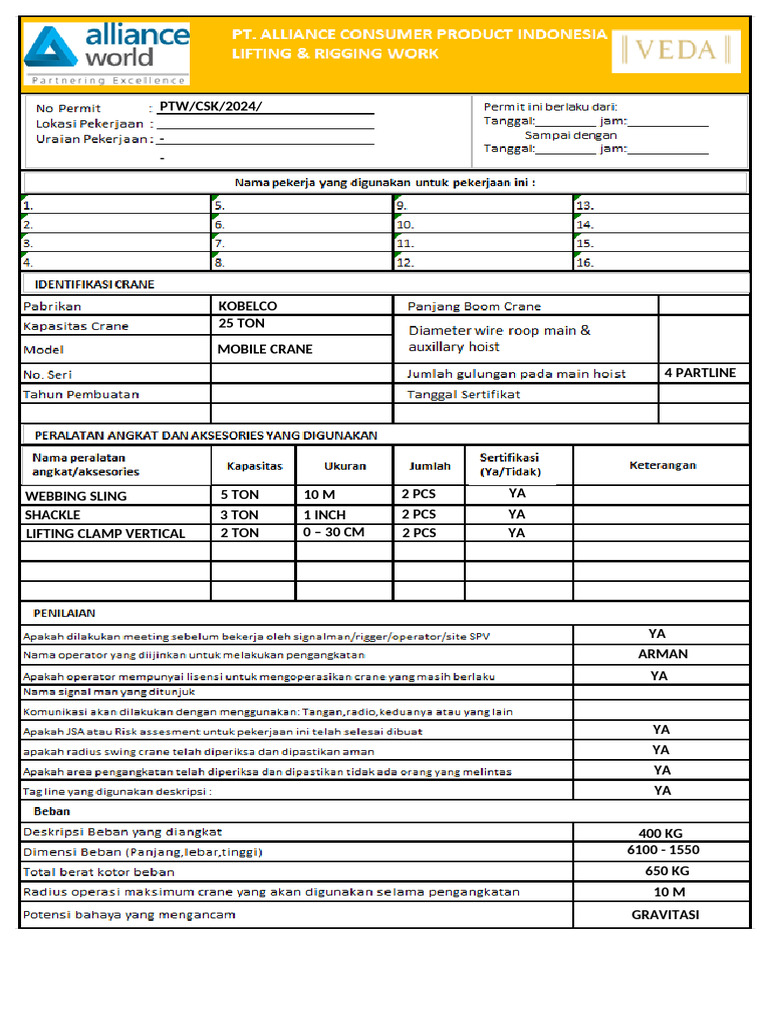 Lifting Rigging Permit (MC 25 T KOBELCO) | PDF