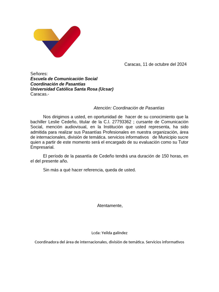 Carta de Aceptacion (1) VTV A UCSAR | PDF