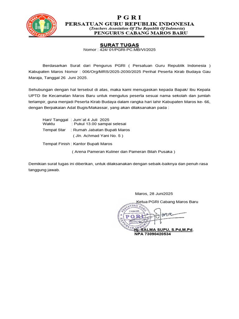 Surat Tugas Pgri Maros Baru | PDF