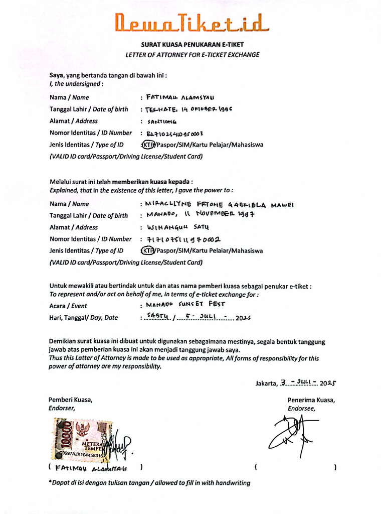 Surat Kuasa Tiket - Gaby Mawei New | PDF