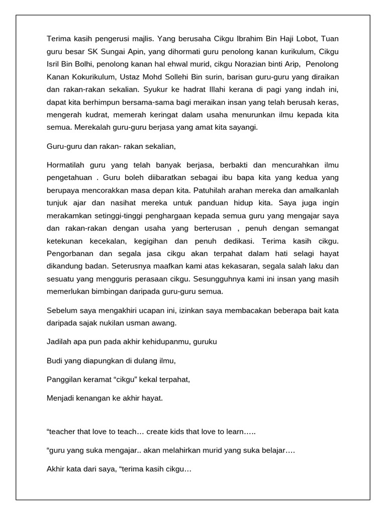 Teks Ucapan Wakil Murid 2025 (Hari Guru) | PDF