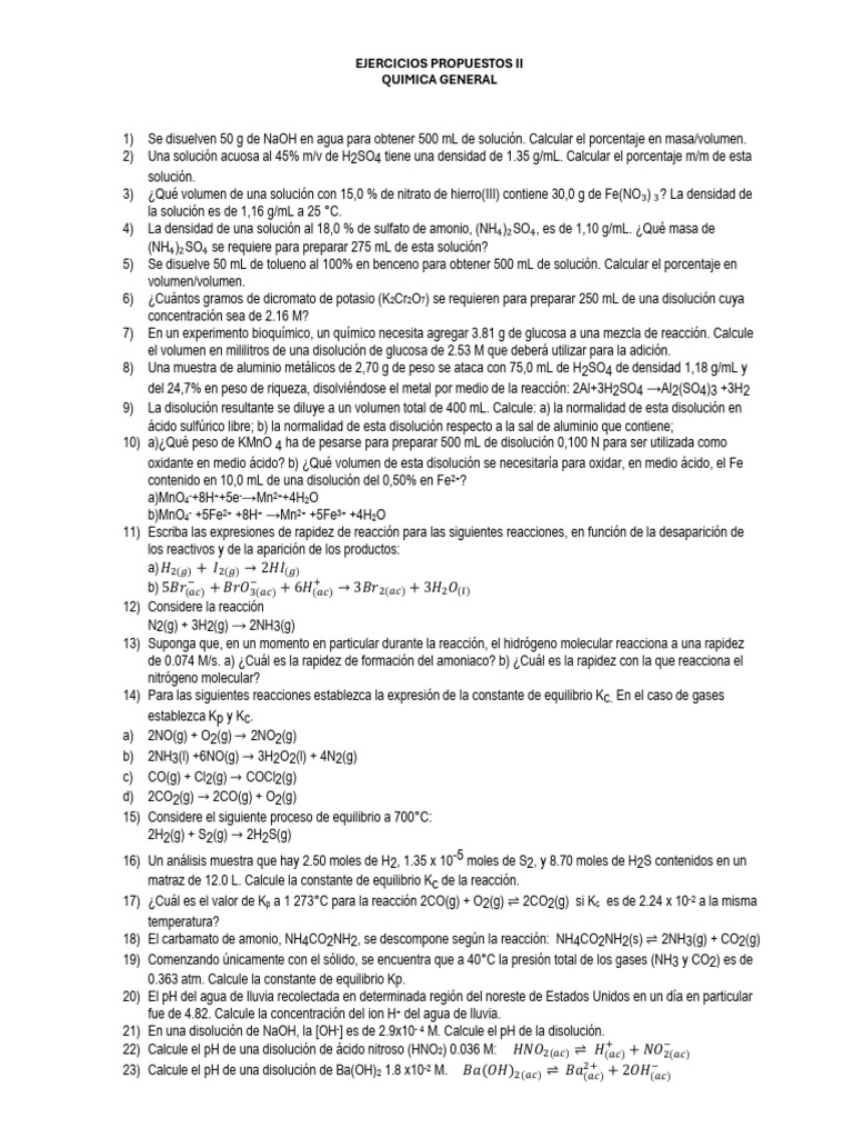 Ejercicios de Química General y Soluciones | PDF | Ácido sulfúrico | Ph