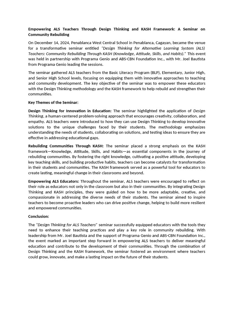 Empowering ALS Teachers Through Design Thinking and KASH Framework ...
