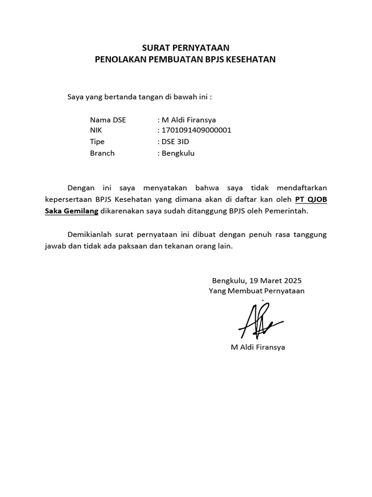 Surat Pernyataan Penolakan Bpjs M Aldi Firansya | PDF