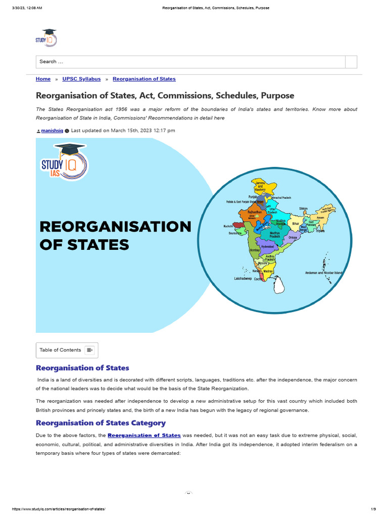 Reorganisation of States, Act, Commissions, Schedules, Purpose | PDF ...