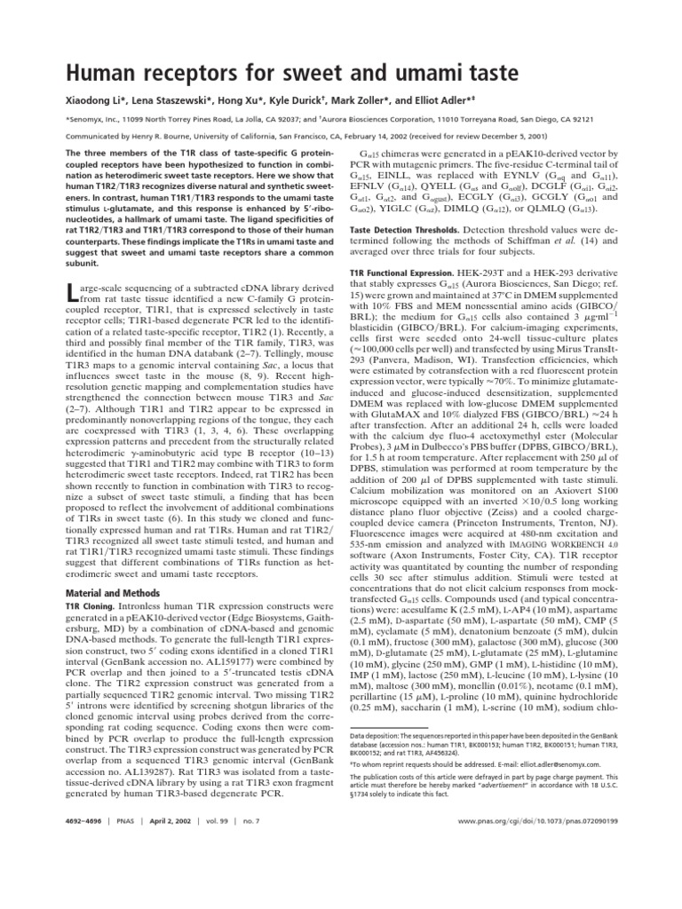 Human Receptors For Sweet and Umami Taste | PDF | Taste | Umami