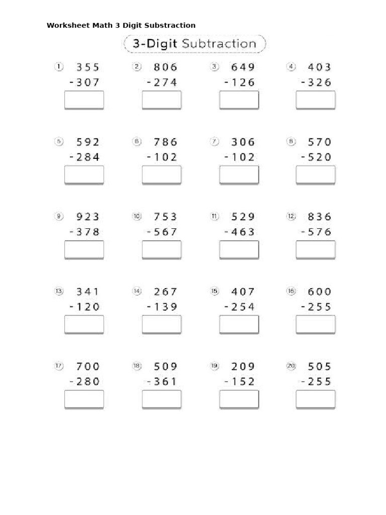 Worksheet Math 3 Digit Substraction | PDF
