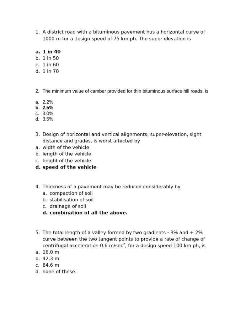 Transportation MCQ For Placement | PDF | Road | Bending