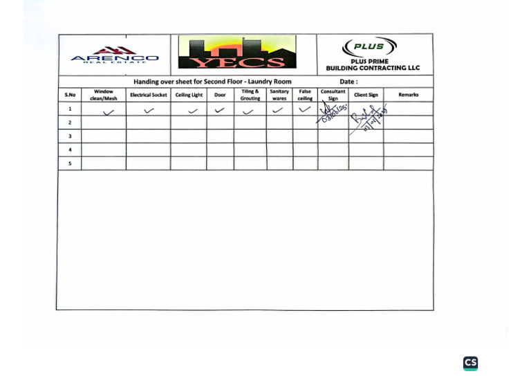 Handing Over Sheet For Second Floor - Laundry Room | PDF