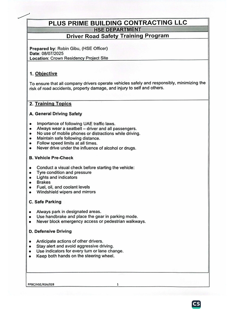 Road Safety Training Awareness Program On 08072025 | PDF