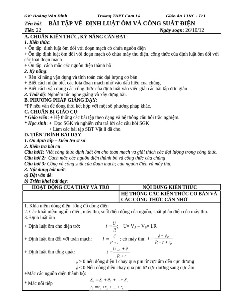 Tiet 22. Bai Tap Ve Dinh Luat Om Va CS Dien | PDF