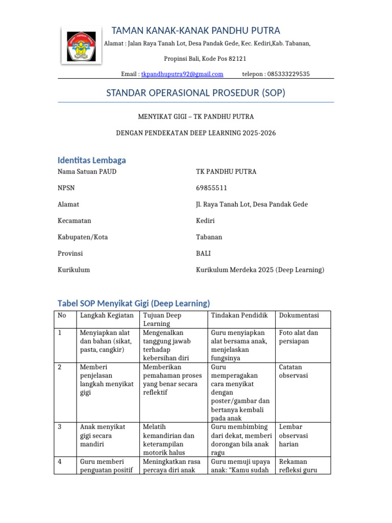 SOP Menyikat Gigi TK Deep Learning (2025-2026) | PDF