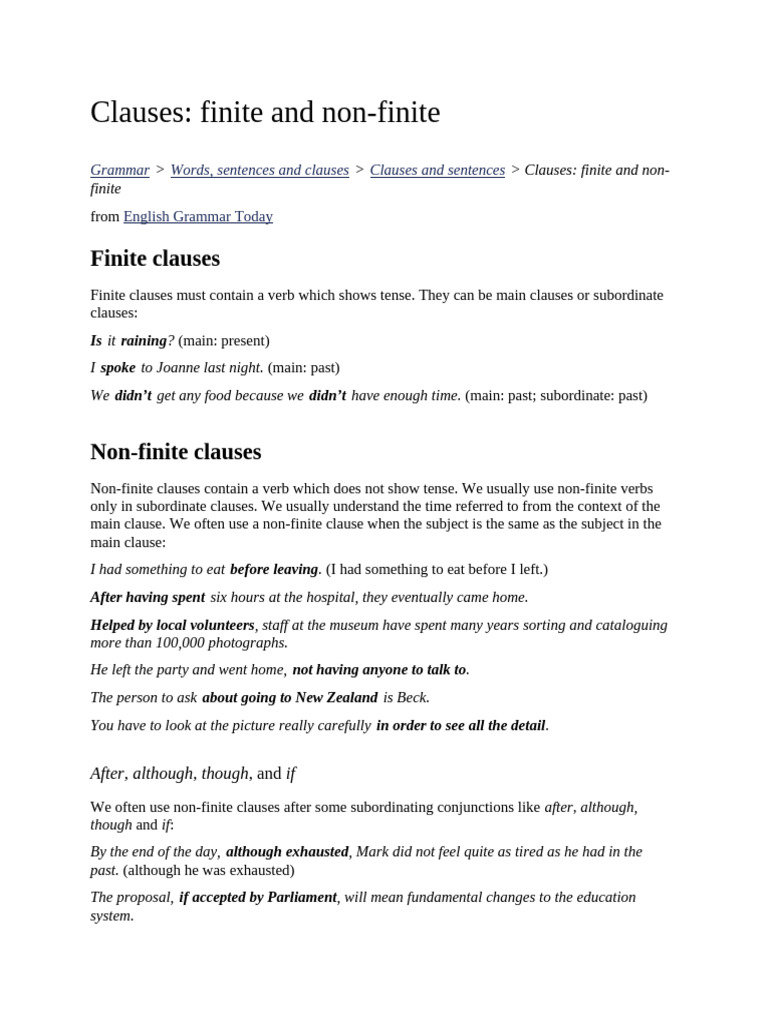 Finite and Non Finite Clause | PDF
