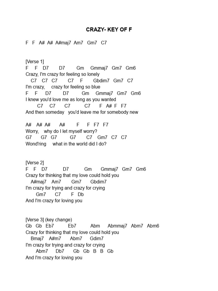 Crazy - Key of F Chords | PDF