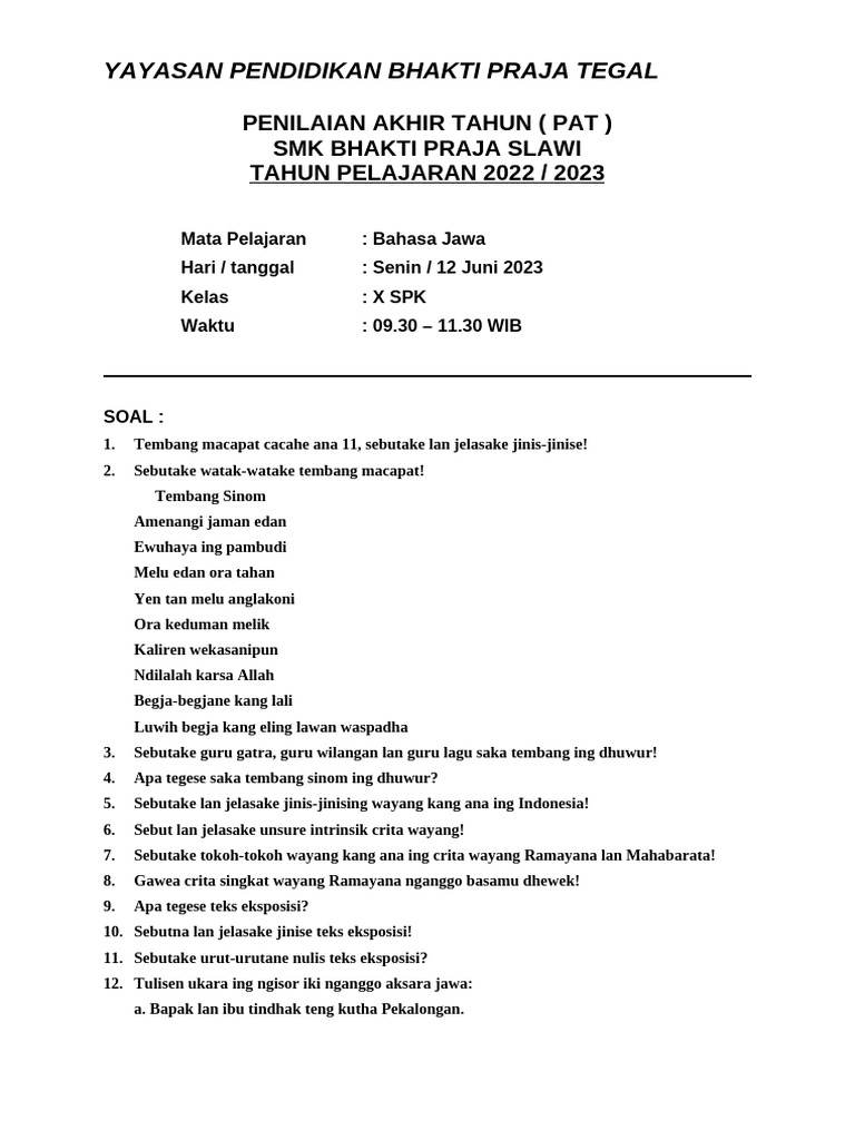 Soal Pat Genap 23 Bhs Jawa | PDF
