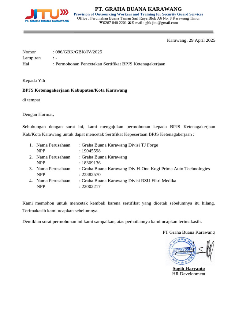 Permohonan Cetak Sertifikat Bpjs TK | PDF