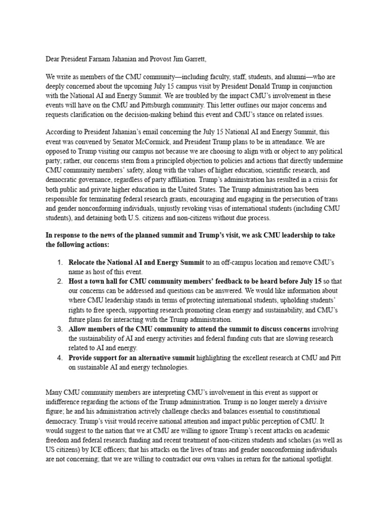 CMU-specific July 15 Letter For Media | PDF | Presidency Of Donald ...