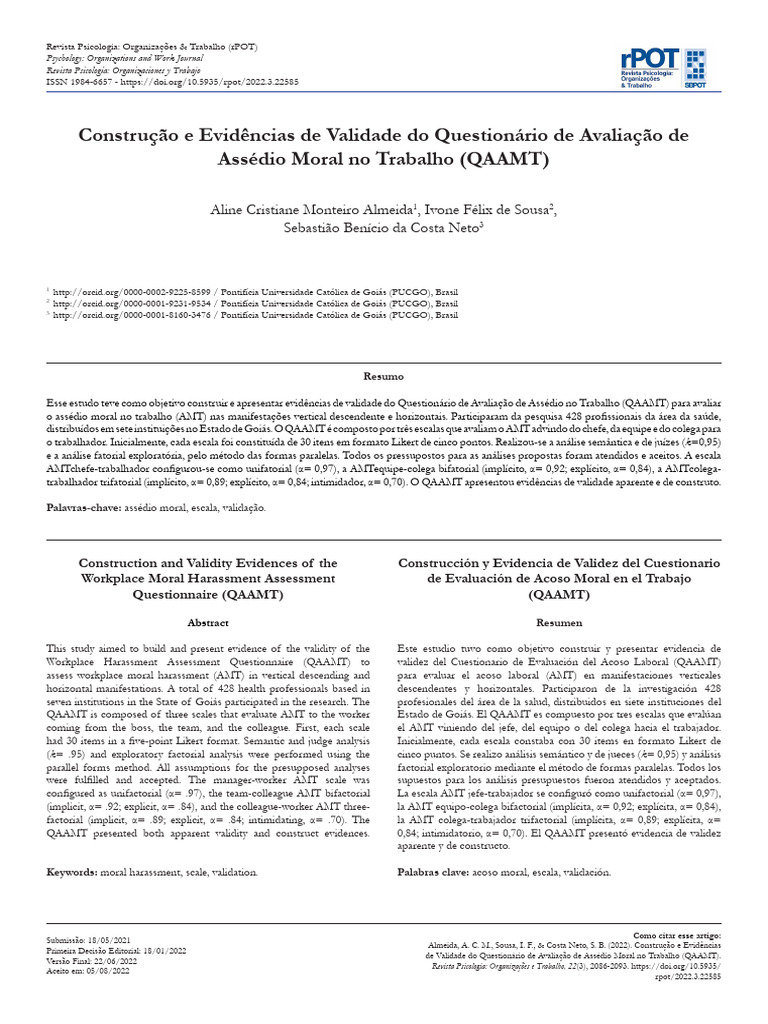 Validação do Questionário QAAMT sobre Assédio | PDF | Psicologia | Variação