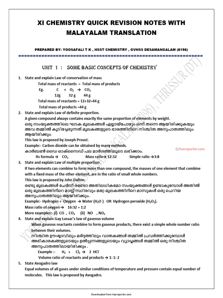 Plus One Chemistry Quick Revision With Mal by Yoosafali TK ...