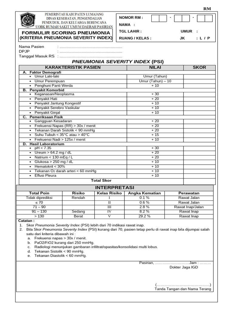 Formulir Scoring Pneumonia Psi | PDF