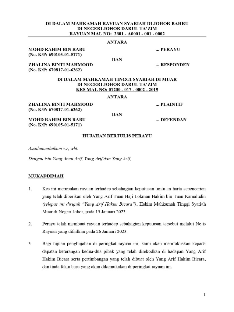 Hujahan Bertulis Perayu 017 - Rahim LWN Zhalina | PDF