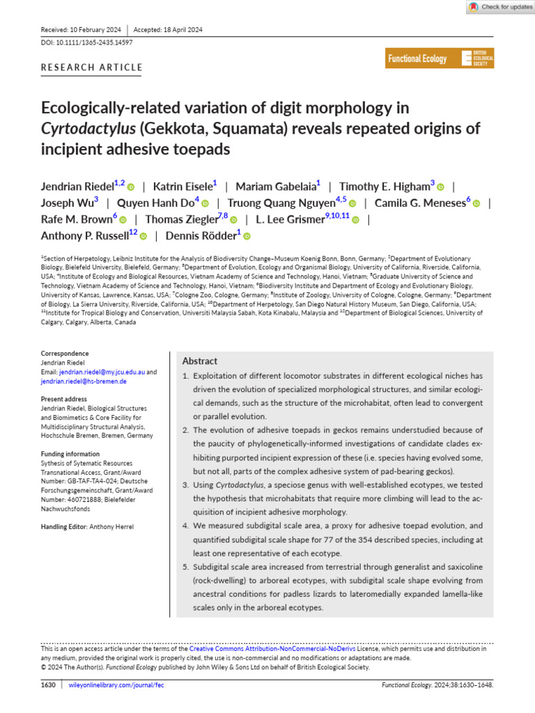 2024 - Functional Ecologyvariation of Digit Morphology in Cyrtodactylus - Reptiles | PDF ...