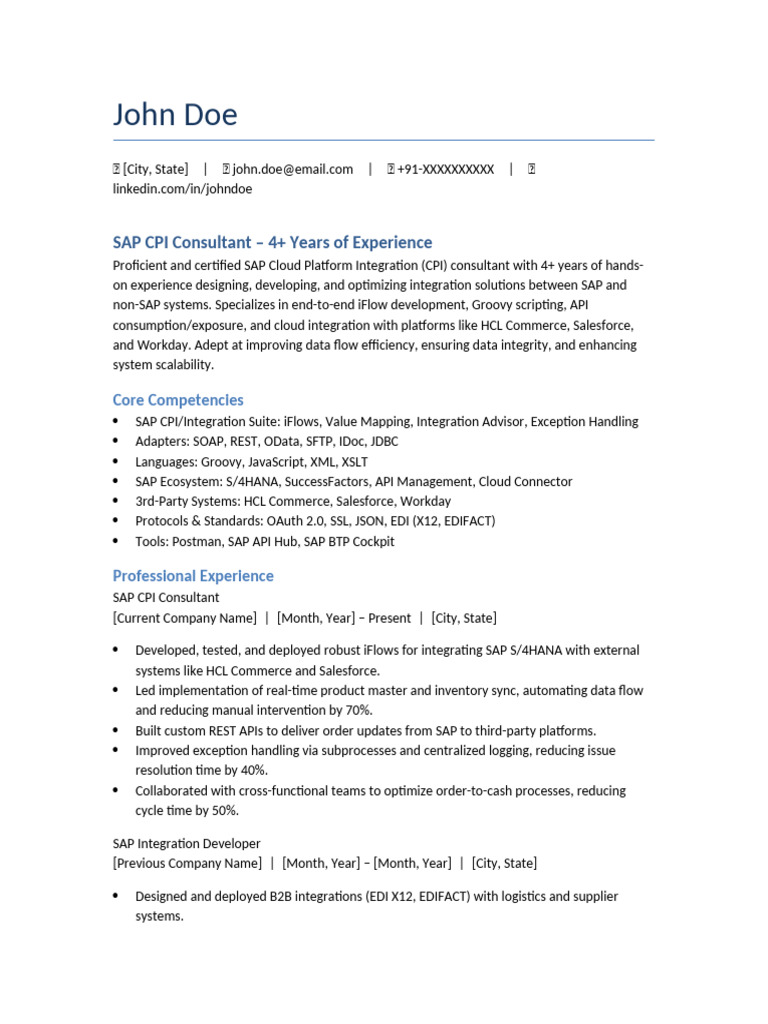 SAP CPI Consultant Resume - 4 Years Experience | PDF | Electronic Data ...