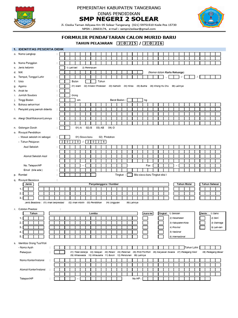 Formulir Pendaftaran Siswa Baru SMPN 2 | PDF