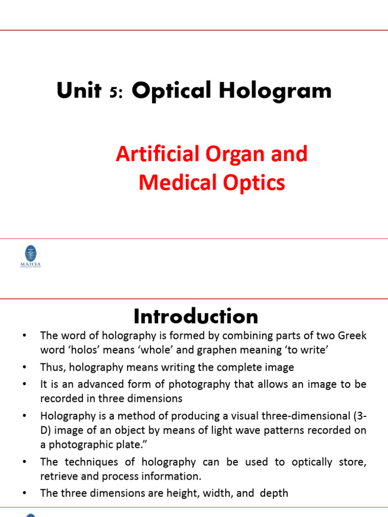 Unit 5 - Optical Holograms | PDF | Holography | Diffraction