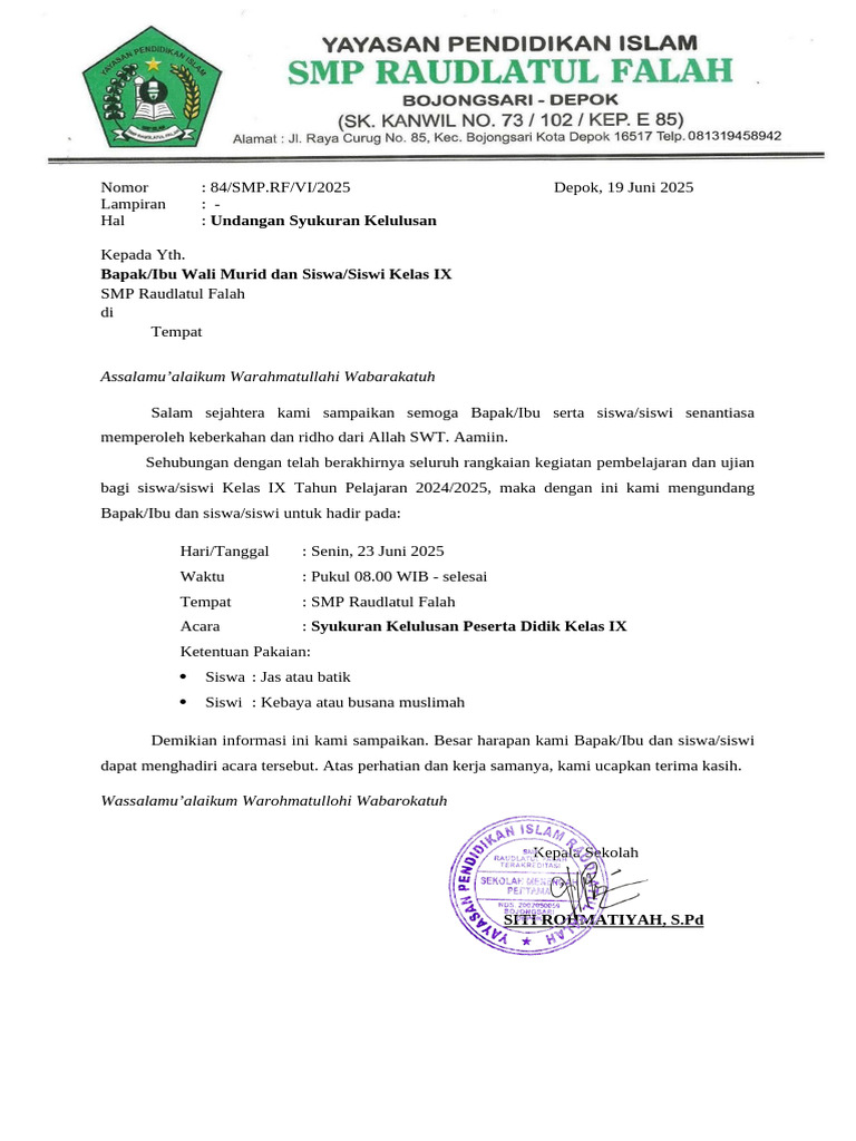 Edaran Syukuran Kelulusan Kelas IX 2025 | PDF