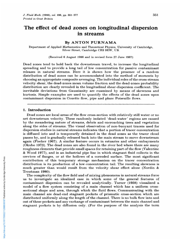 The Effect of Dead Zones On Longitudinal Dispersion in Streams | PDF ...
