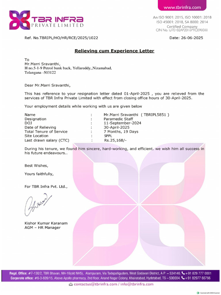 SPPL Relieving Cum Experience Letters - 55 | PDF