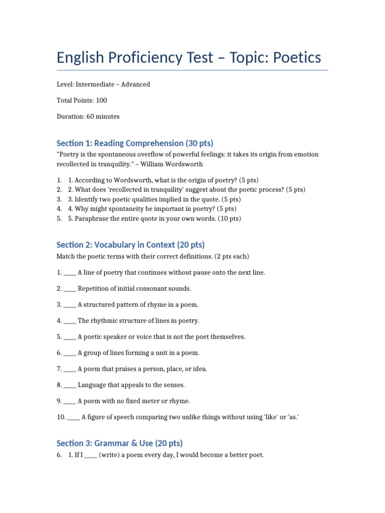 English Proficiency Test: Poetics | PDF | Poetry | Poetics
