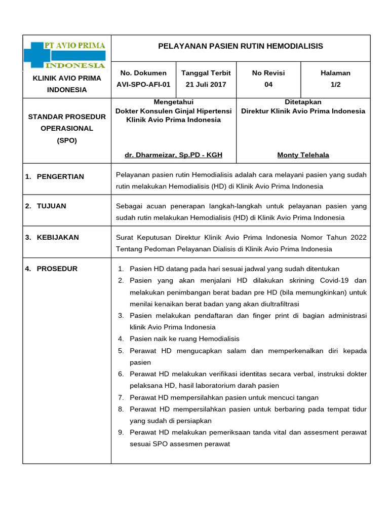 001 SPO Pelayanan Pasien Rutin HD | PDF