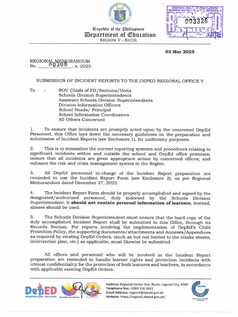 RM 00308 S 2025 Submission of Incident Reports To The Deped Regional Office V 4 | PDF