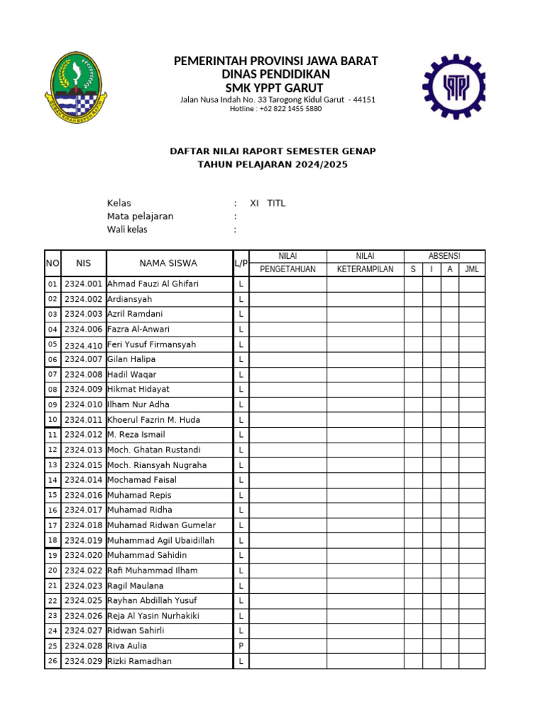 Format Nilai Rapot Kelas Xi Semester Genap 2025-1 | PDF